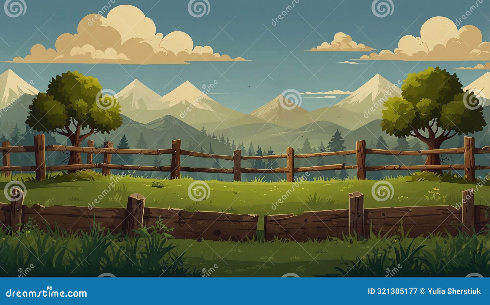 Platformer Game Backdrop with Grassy Hills and Wooden Fences. 2d Style ...