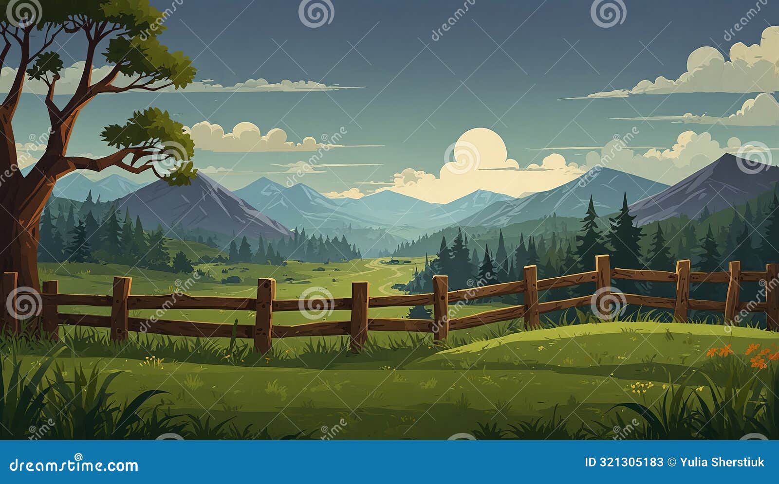 Platformer Game Backdrop with Grassy Hills and Wooden Fences. 2d Style ...
