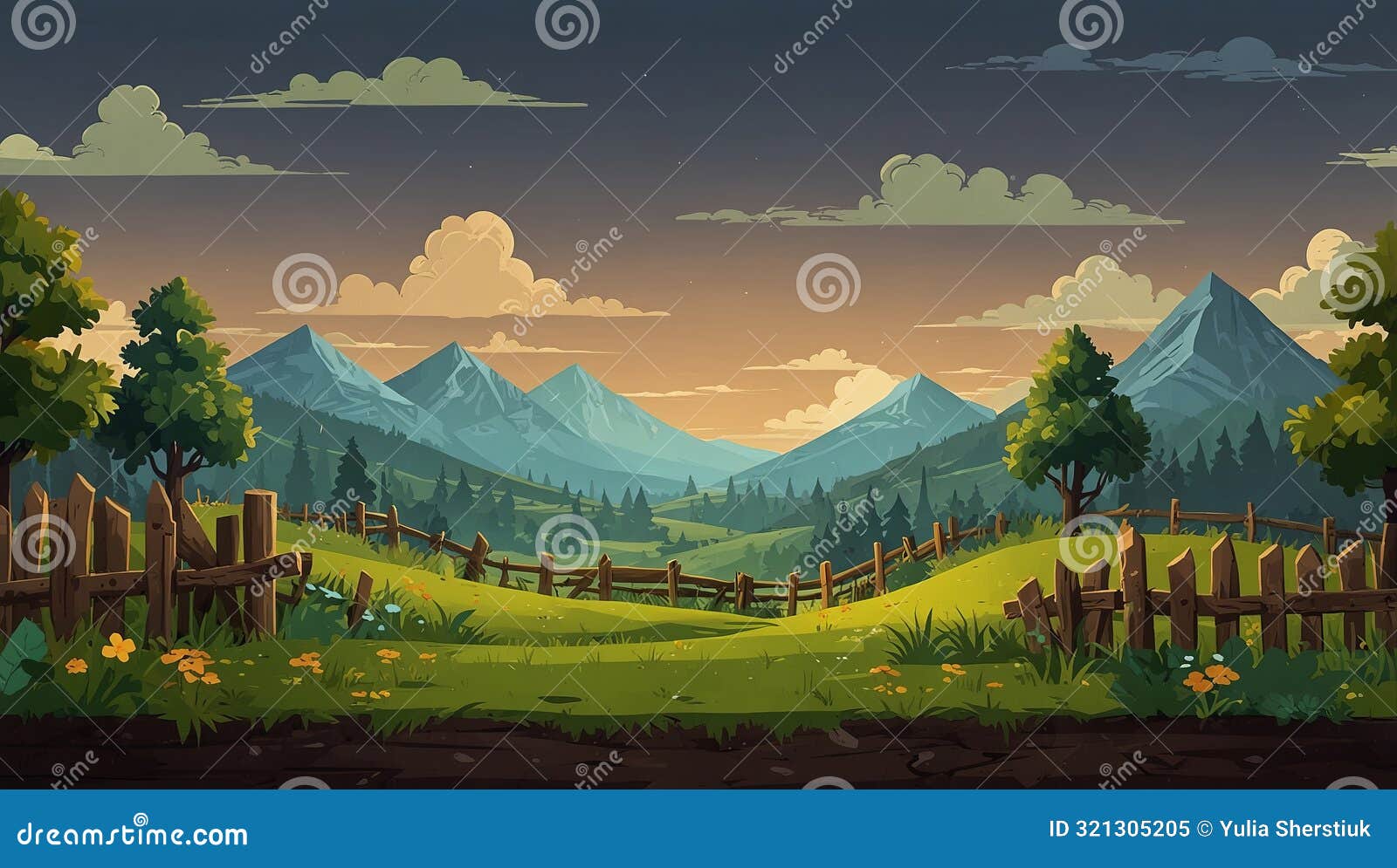Platformer Game Backdrop with Grassy Hills and Wooden Fences. 2d Style ...
