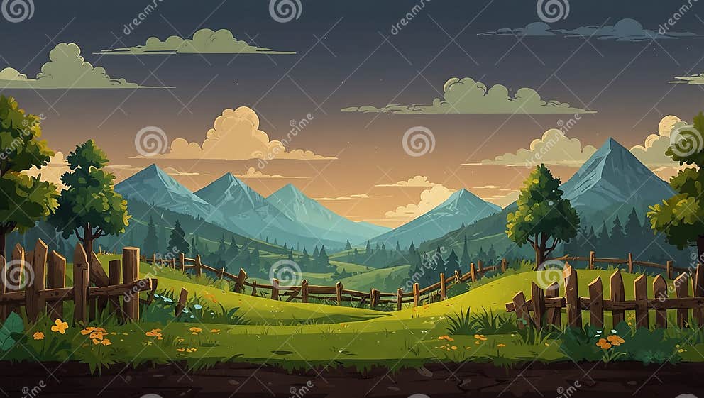 Platformer Game Backdrop with Grassy Hills and Wooden Fences. 2d Style ...