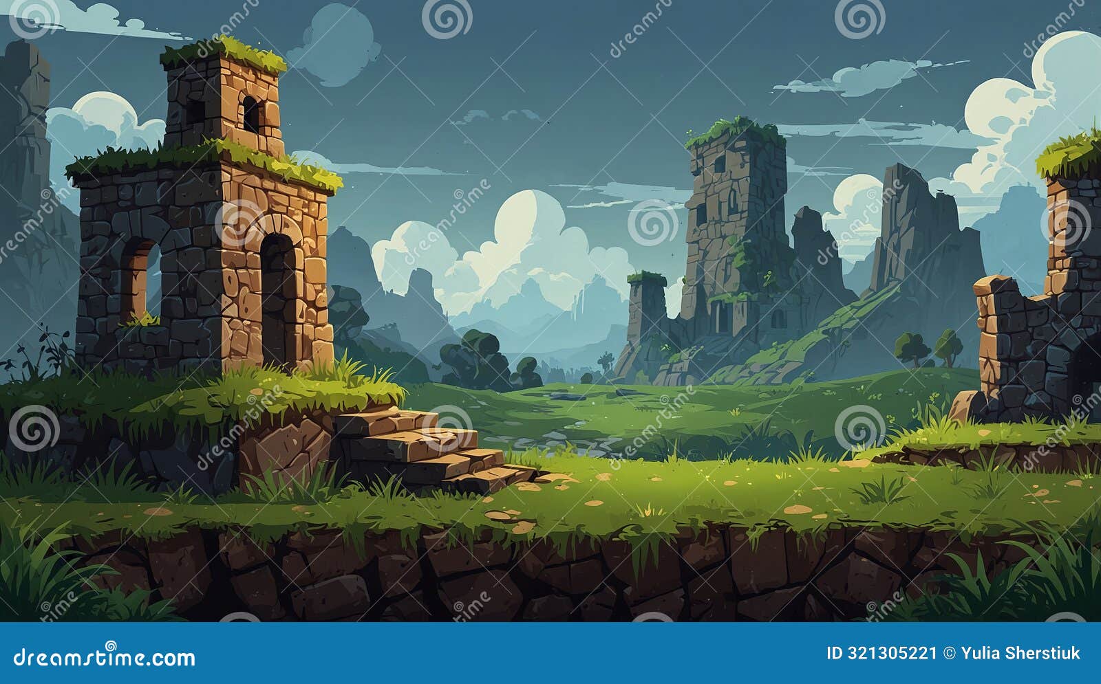 Platformer Game Backdrop with Stone Ruins and Grassy Terrain. 2d Style ...
