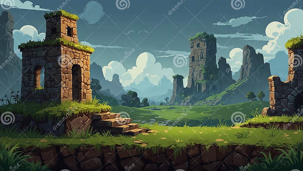 Platformer Game Backdrop with Stone Ruins and Grassy Terrain. 2d Style ...