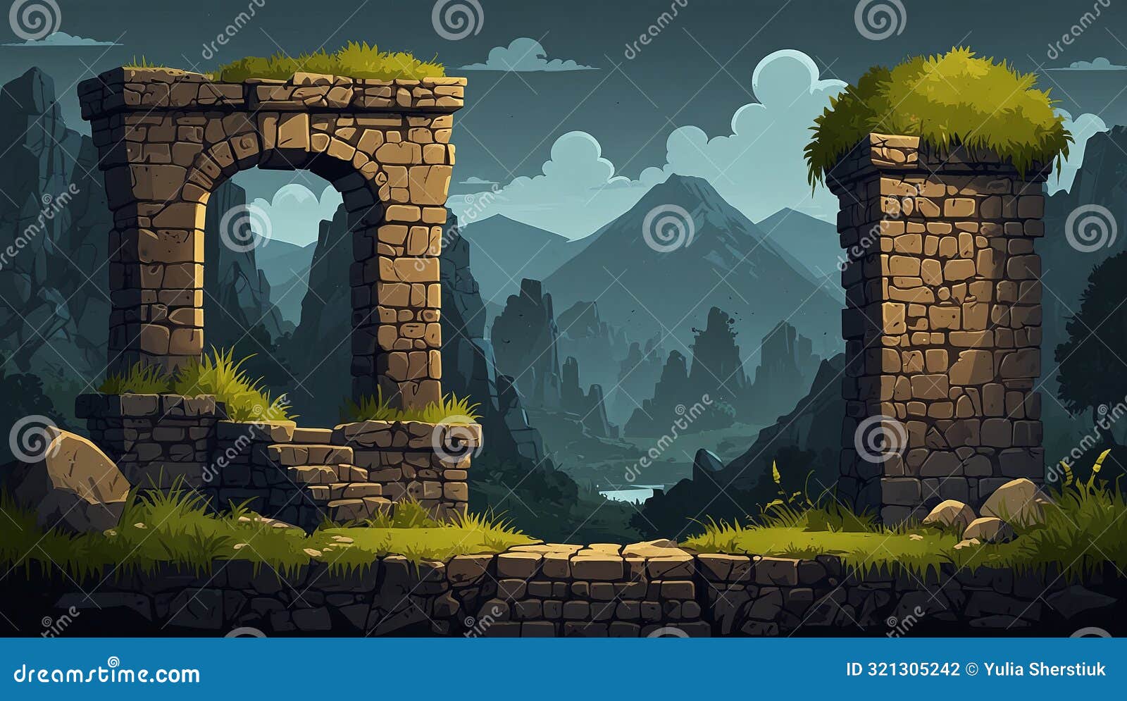 Platformer Game Backdrop with Stone Ruins and Grassy Terrain. 2d Style ...