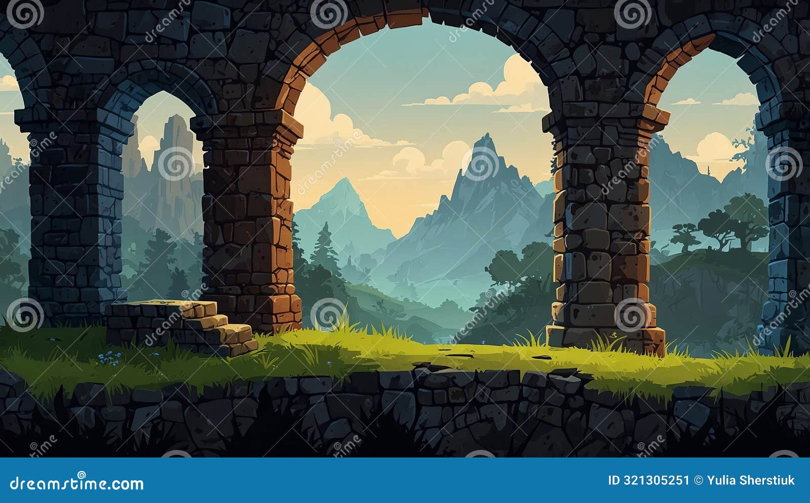 Platformer Game Backdrop with Stone Ruins and Grassy Terrain. 2d Style ...