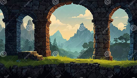 Platformer Game Backdrop with Stone Ruins and Grassy Terrain. 2d Style ...