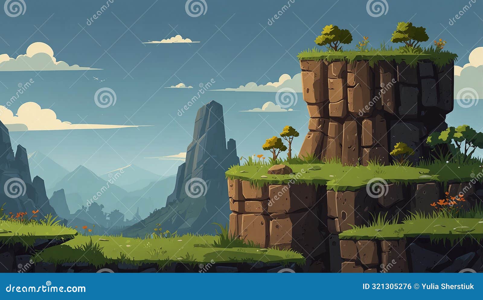 Platformer Game Background with Grassy Cliffs and Clear Sky. 2d Style ...