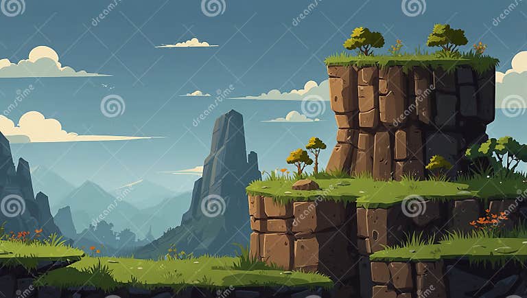 Platformer Game Background with Grassy Cliffs and Clear Sky. 2d Style ...