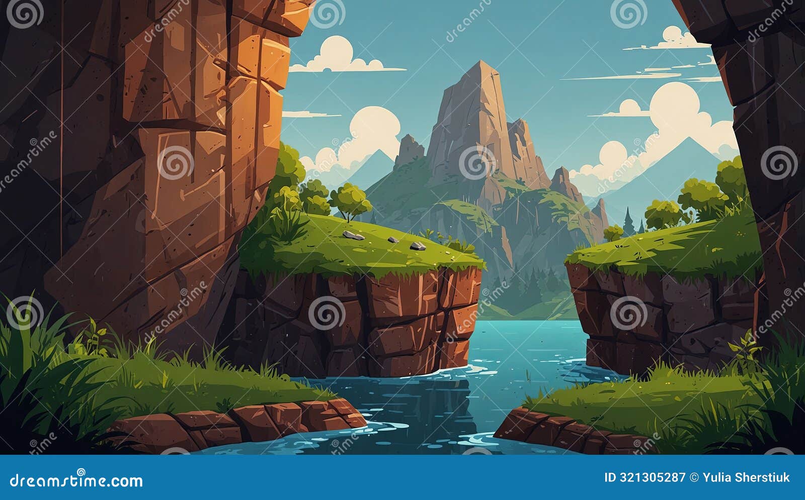 Platformer Game Background with Grassy Cliffs and Clear Sky. 2d Style ...