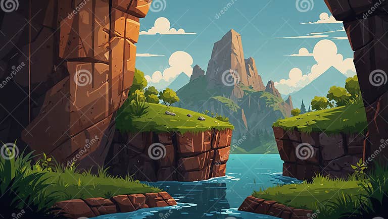 Platformer Game Background with Grassy Cliffs and Clear Sky. 2d Style ...