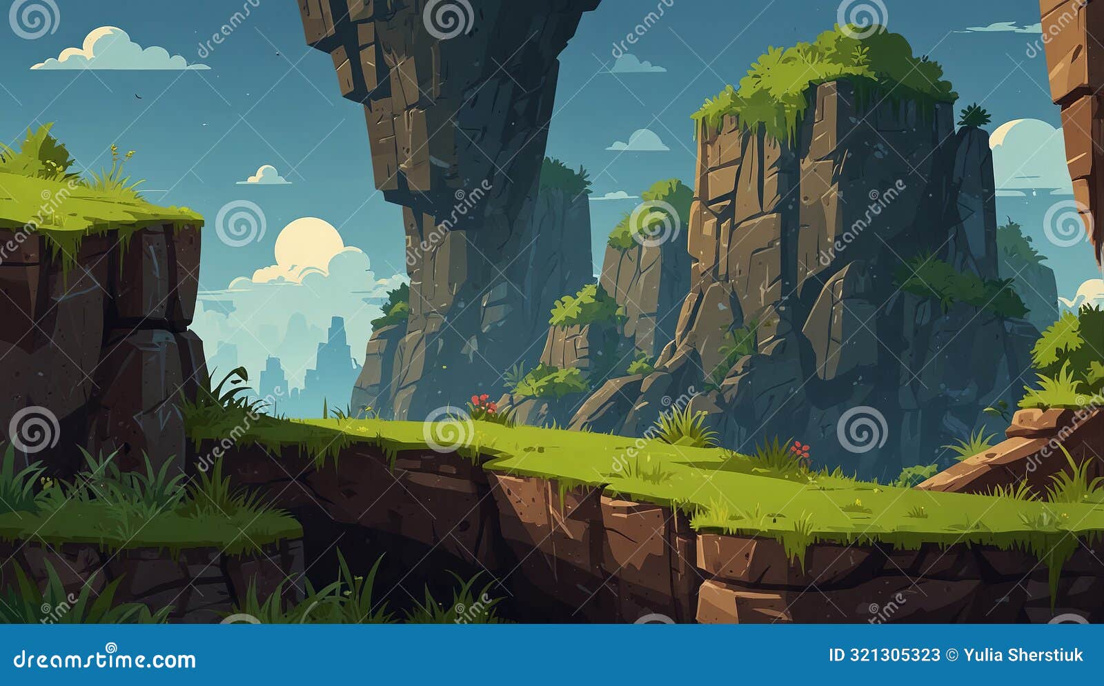 Platformer Game Background with Grassy Cliffs and Clear Sky. 2d Style ...