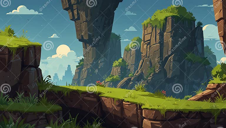 Platformer Game Background with Grassy Cliffs and Clear Sky. 2d Style ...