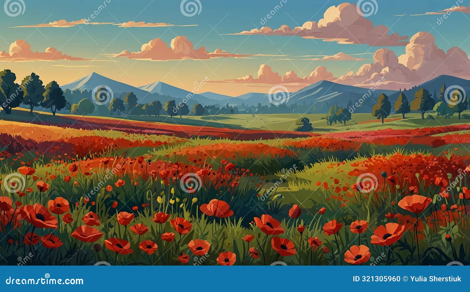 Poppy Field Landscape Illustration in Cartoon Style Scenery Abstract ...