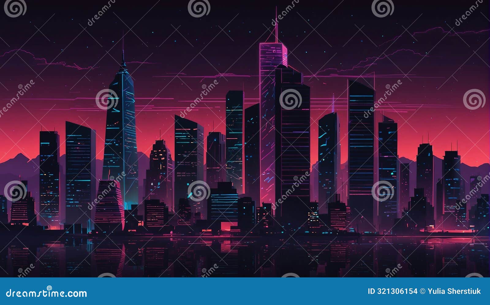 Purple Retrowave City Synthwave Cityscape. 2d Style Stock Photo - Image ...