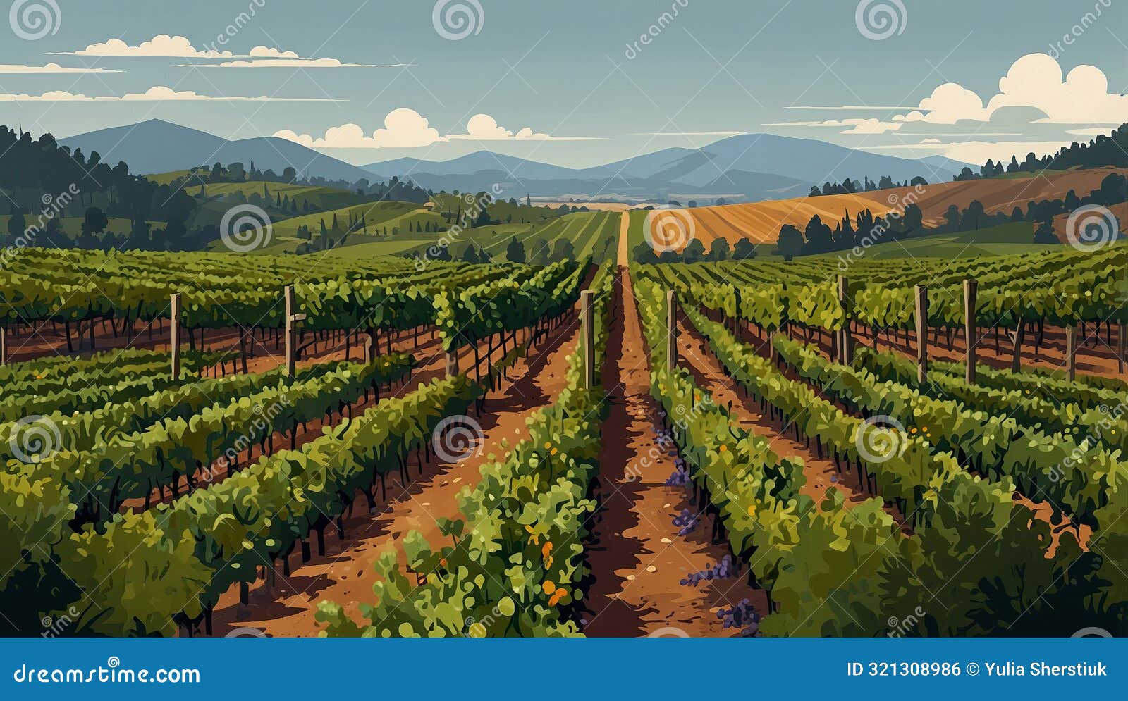 Vineyard Field Landscape Illustration in Cartoon Style Scenery ...