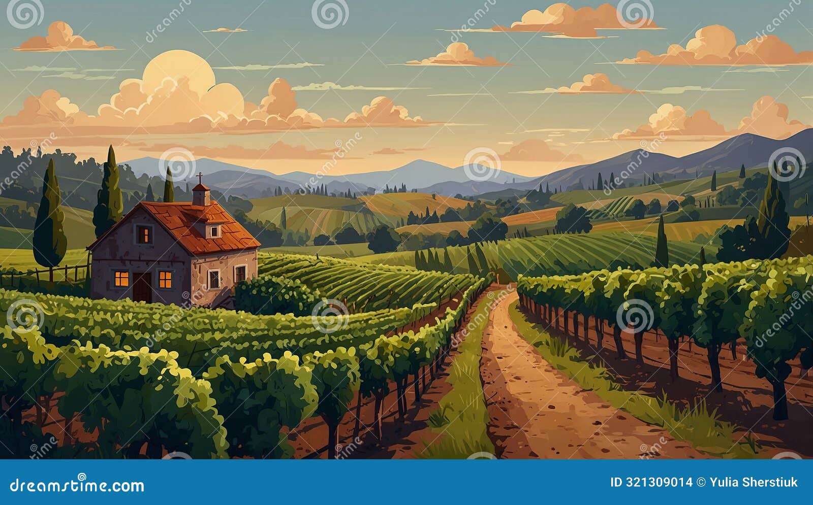 Vineyard Field Landscape Illustration in Cartoon Style Scenery ...