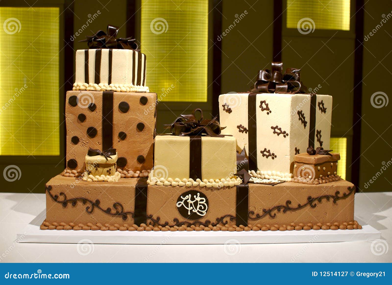 Unique Multi-Layered Brown and White Wedding Cake Stock Image - Image ...