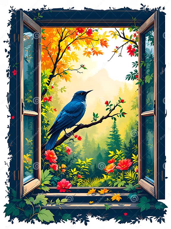 Unique Presentation of an Opened Window with Forest View Stock ...