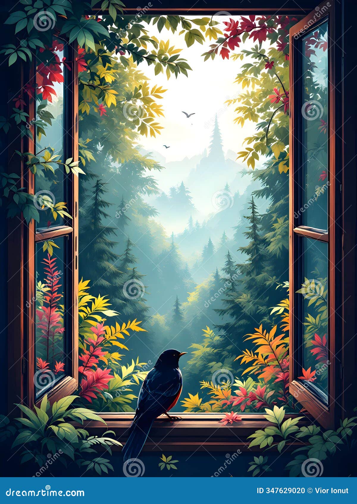 Unique Presentation of an Opened Window with Forest View Stock ...