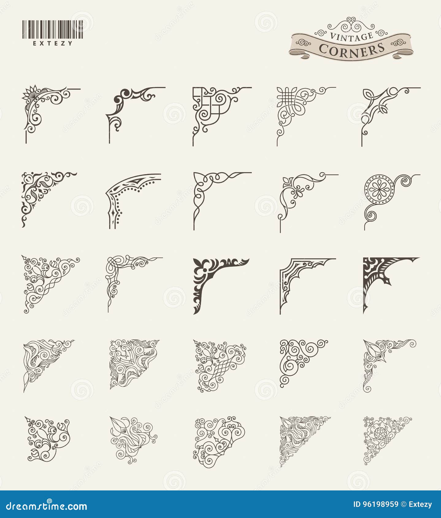 Unique Retro Corner For Frames Set. Vintage Vector Patterns For ...