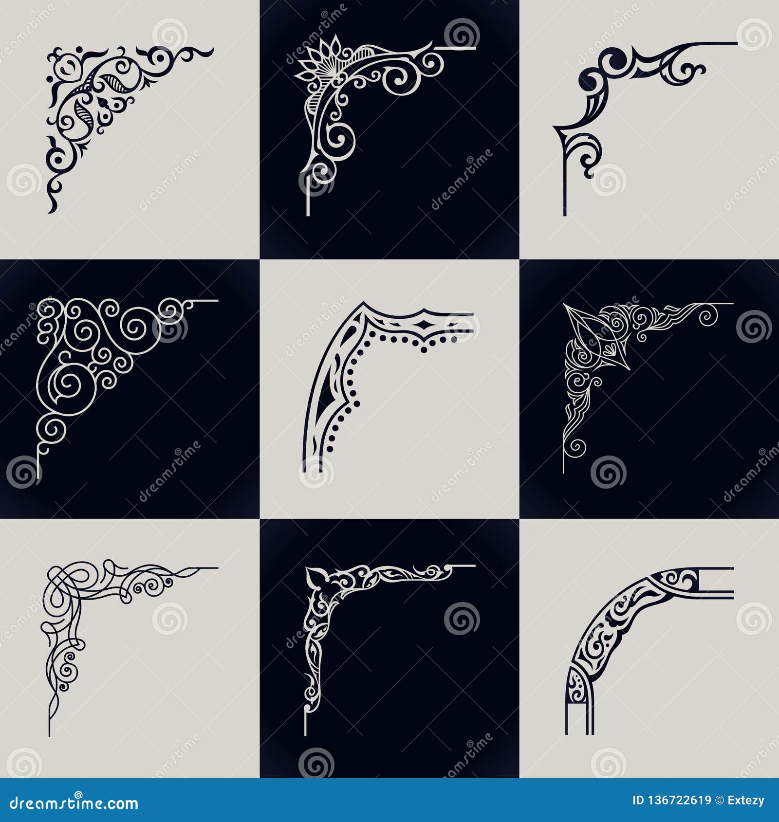 Retro Corner Frame Floral Line Accent Element Set Vector Illustration ...