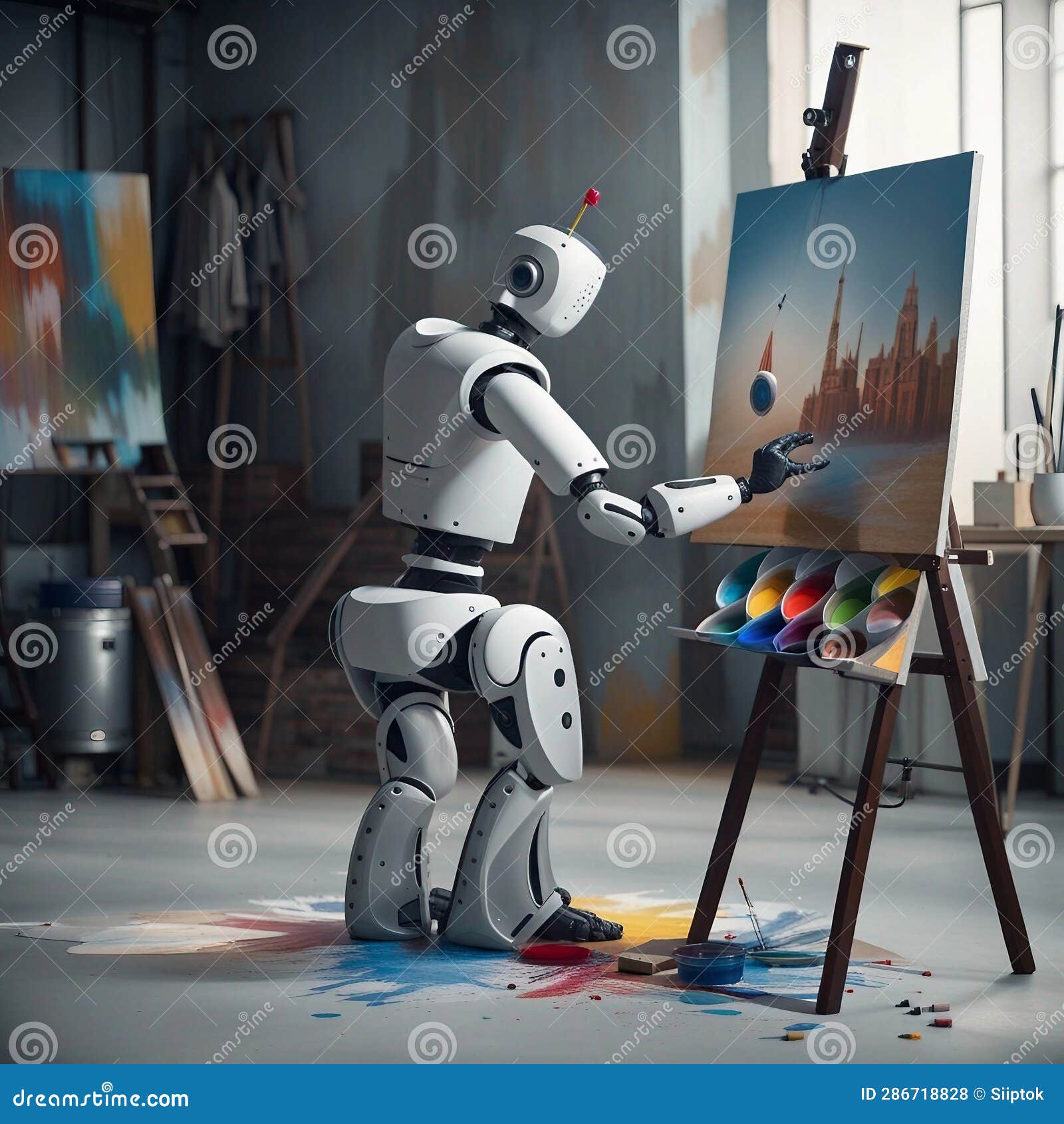 Robot Paints Artwork on Canvas with Colorful Paints Stock Illustration ...