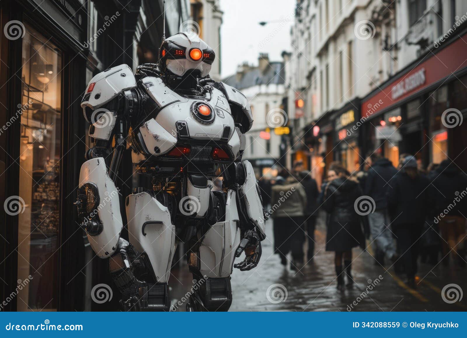 A Futuristic Robot Stands on a Busy Street. it Combines Technology and ...