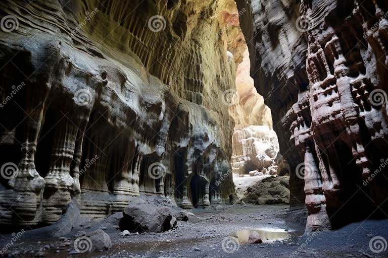 Unique Rock Formations Inside an Expansive Cave Stock Illustration ...