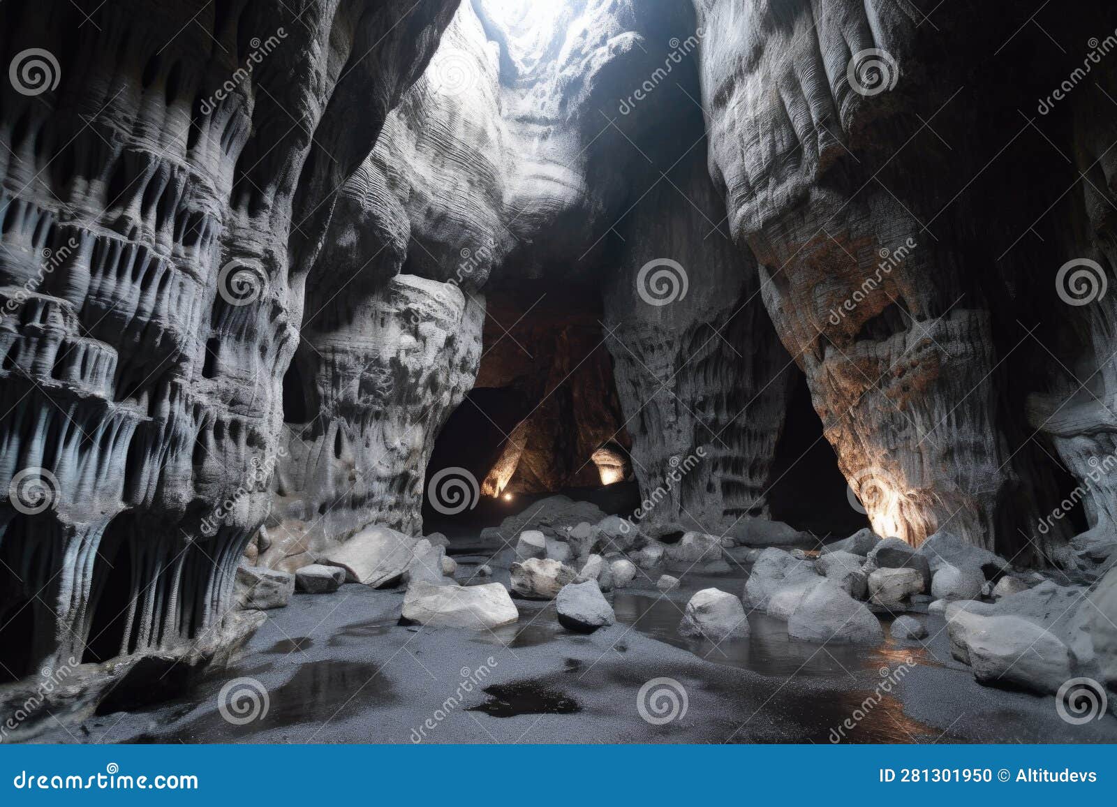 Unique Rock Formations Inside a Lava Tube Cave Stock Illustration ...