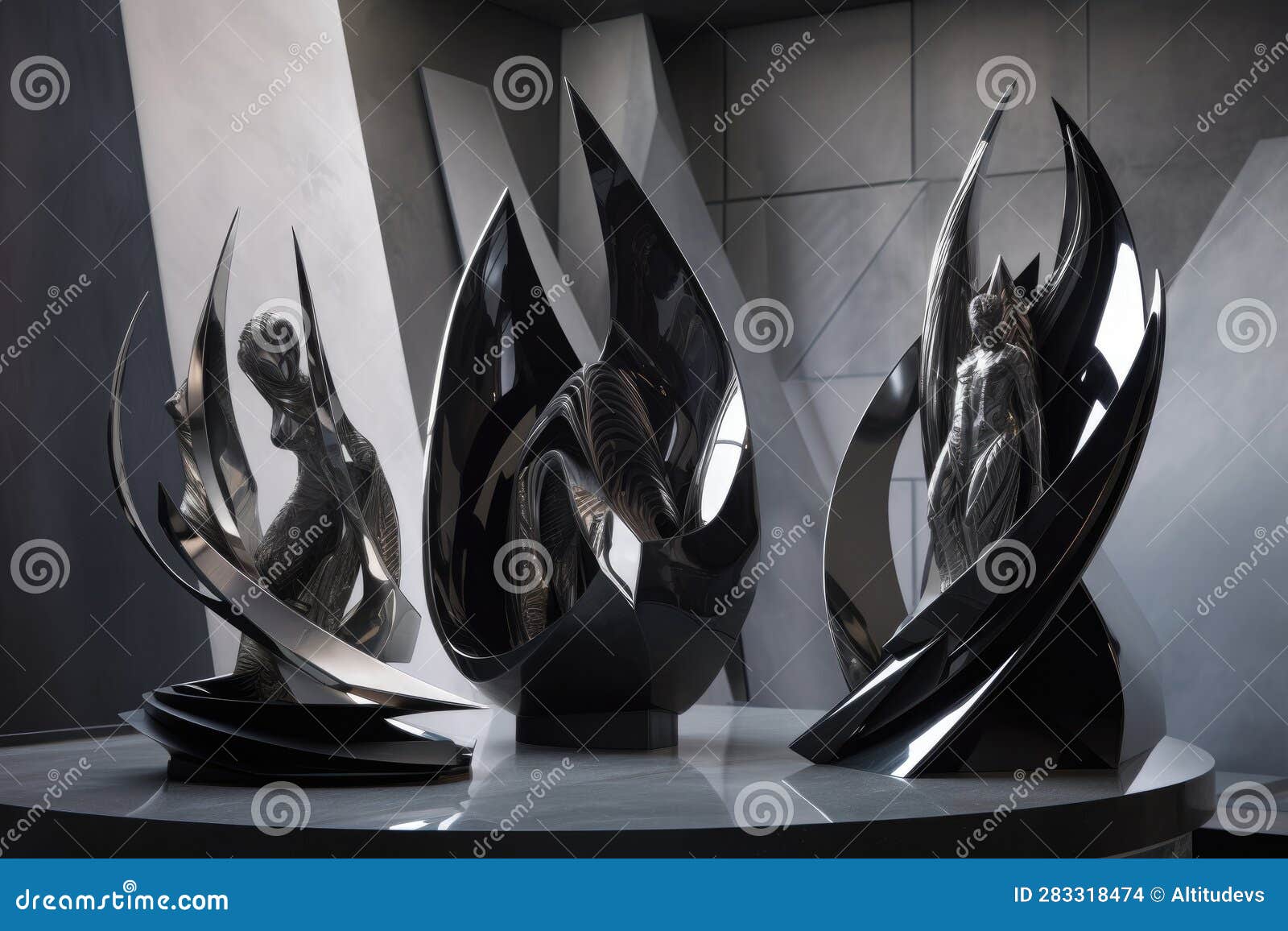 Unique Sculptures in Futuristic Setting, with Sleek and Angular Shapes ...