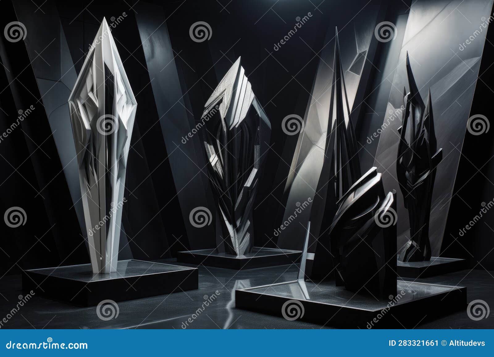 Unique Sculptures in Futuristic Setting, with Sleek and Angular Shapes ...