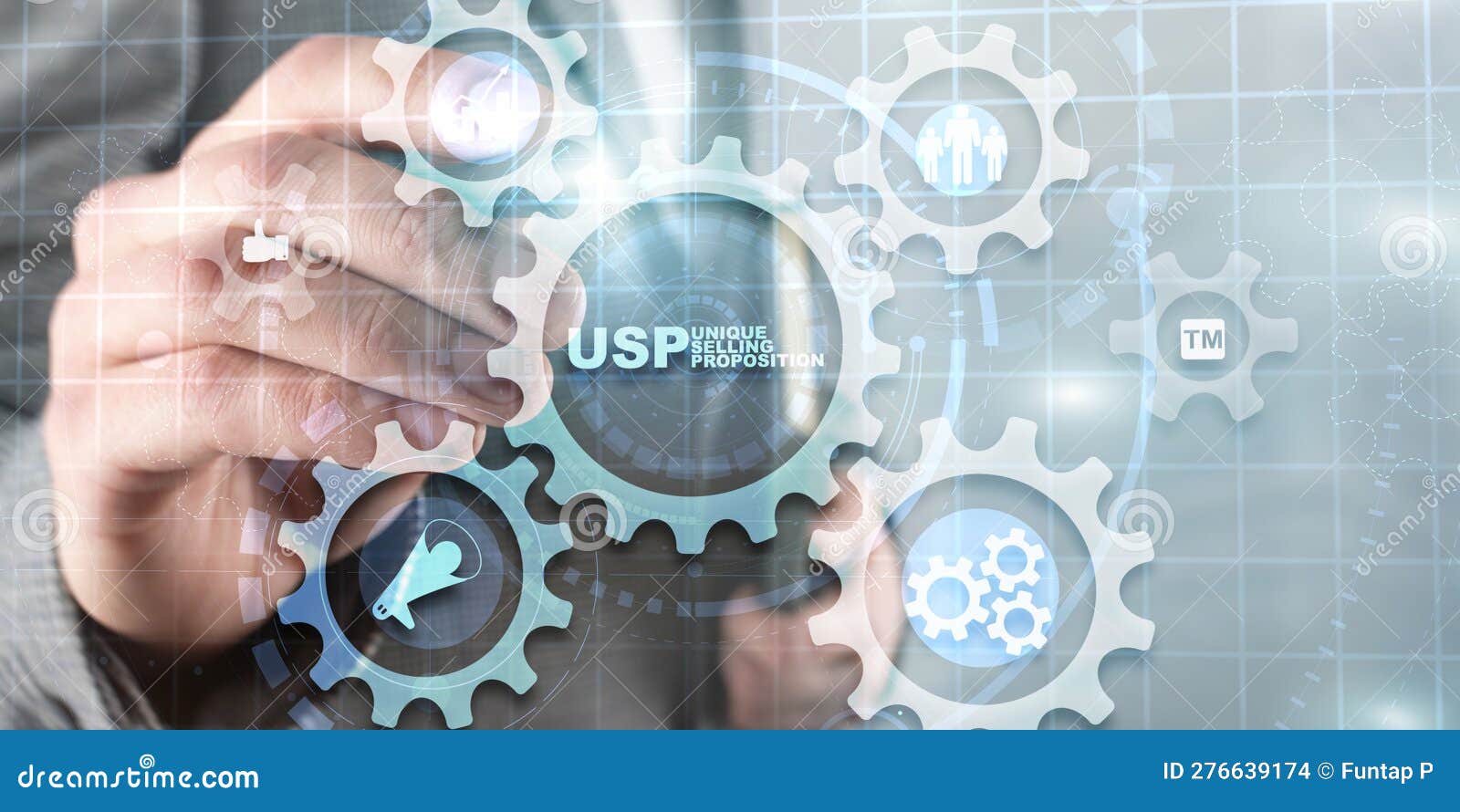 Unique Selling Point. Hand Touching USP Inscription, New Technology ...