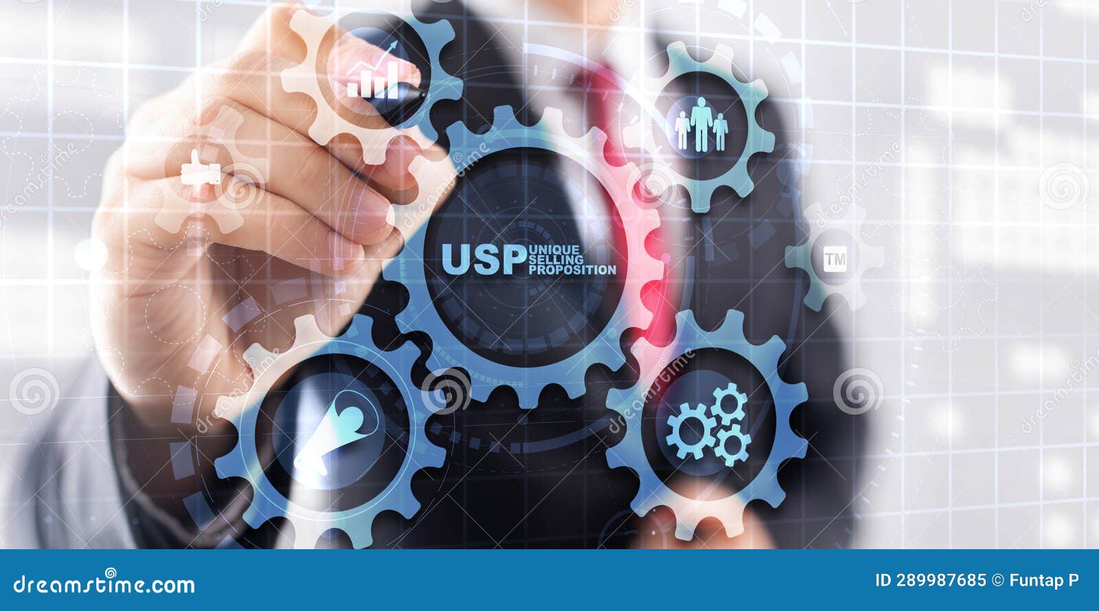 Unique Selling Point. Hand Touching USP Inscription, New Technology ...