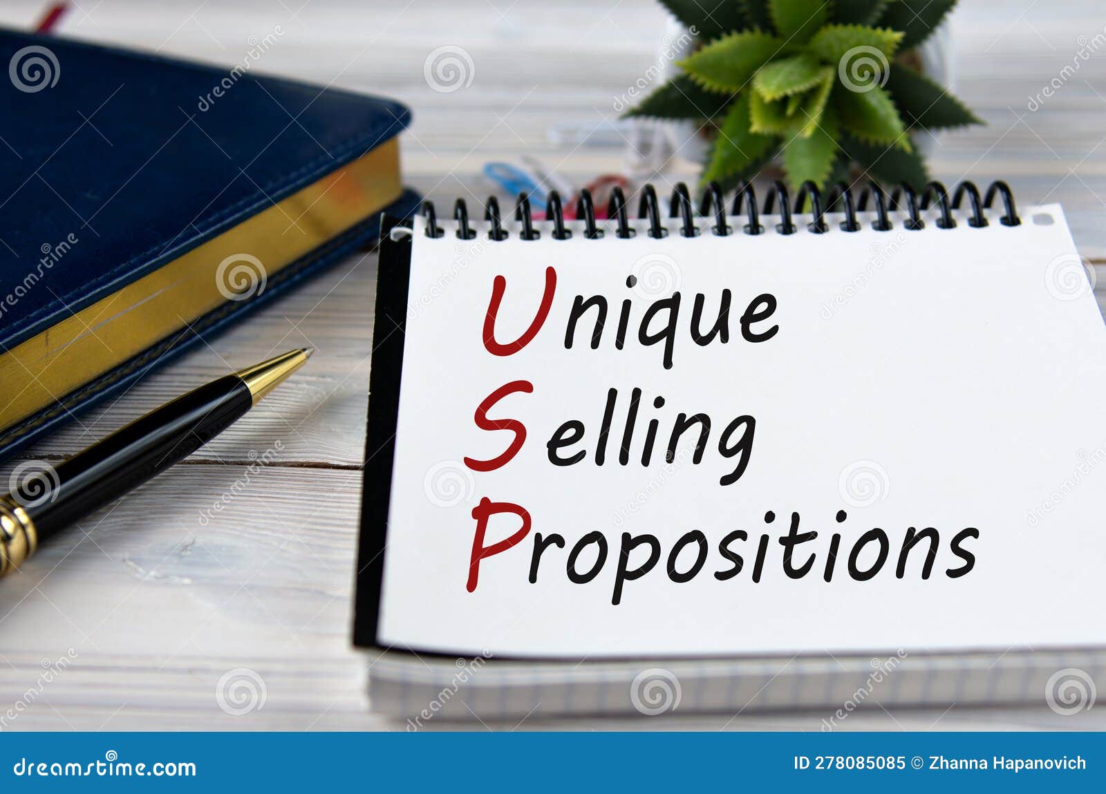 UNIQUE SELLING PROPOSITIONS - Words in a Notebook on the Background of ...