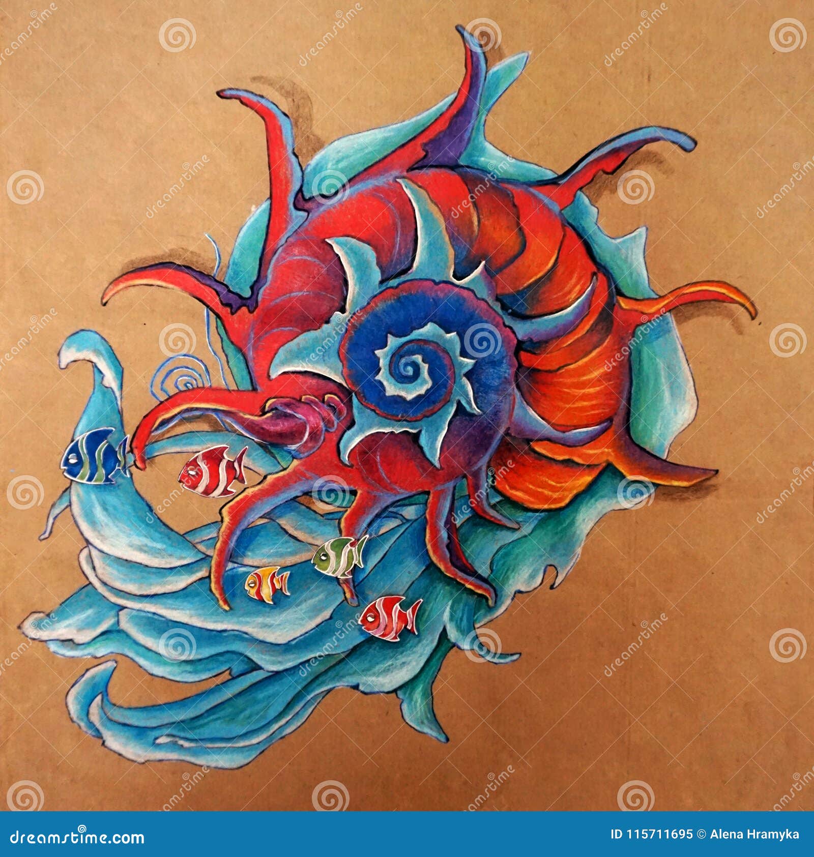 Unique Sketch of the Schedule, Bright Red Shell on the Background of ...