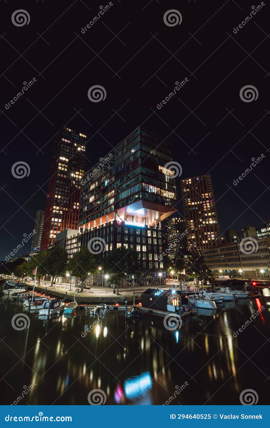 Unique Skyscraper in the Harbour of Rotterdam during the Night with ...