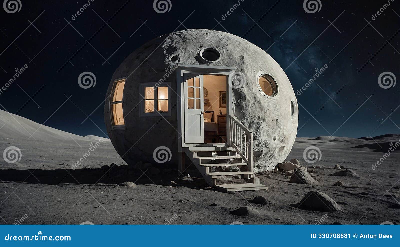 Unique Spherical House on the Moon with Glowing Windows at Night Stock ...