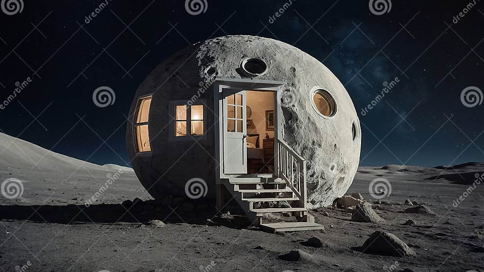 Unique Spherical House on the Moon with Glowing Windows at Night Stock ...