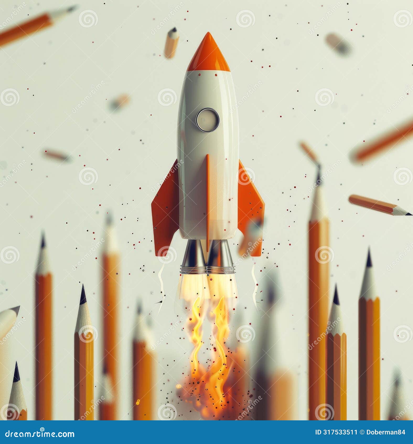 Rocket-shaped Pencil Soaring Amidst Scattered Pencils, Symbolizing ...