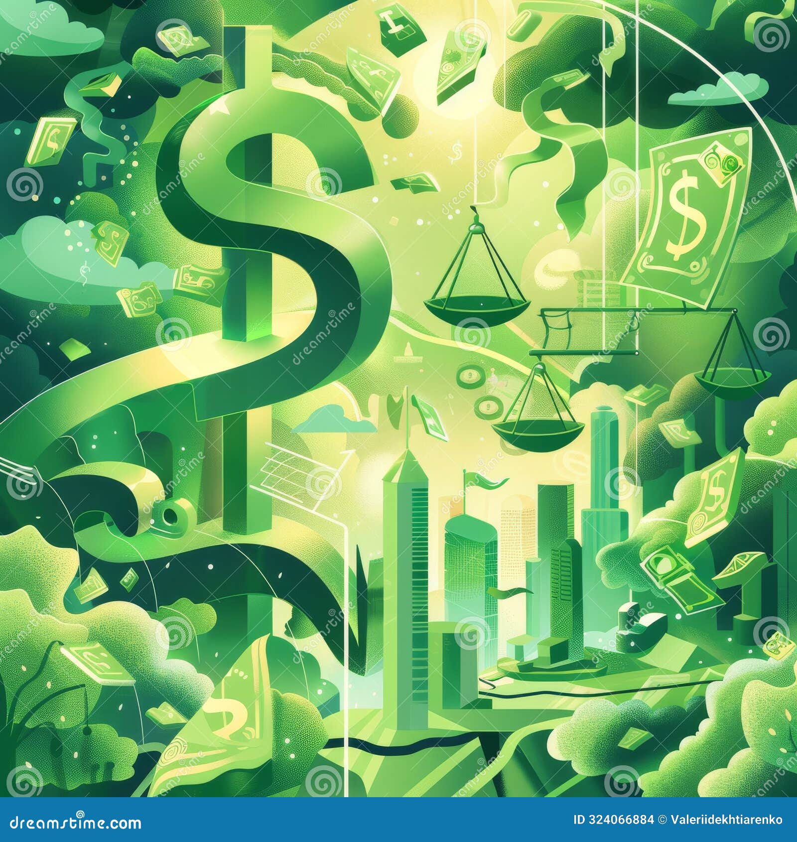 Stylized Green Financial Landscape with Classical Architecture Stock ...