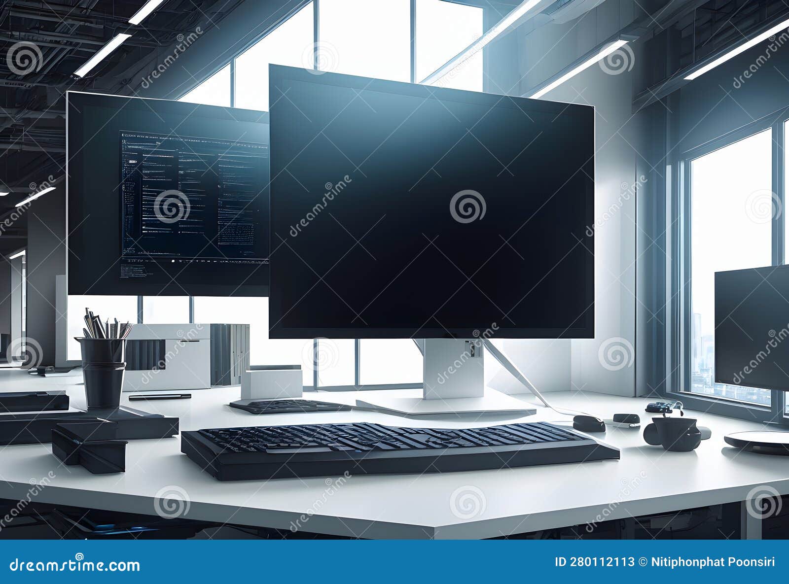 Unique Workplace with Empty White Mock Up Computer Laptop. Smart Office ...