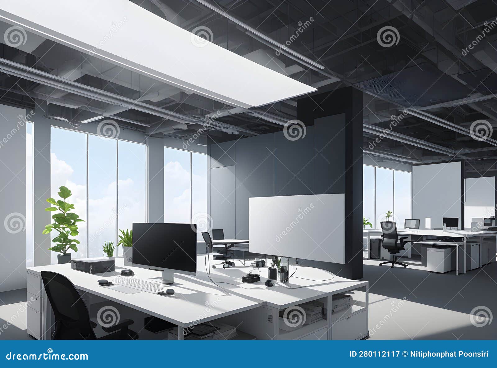 Unique Workplace with Empty White Mock Up Computer Laptop. Smart Office ...