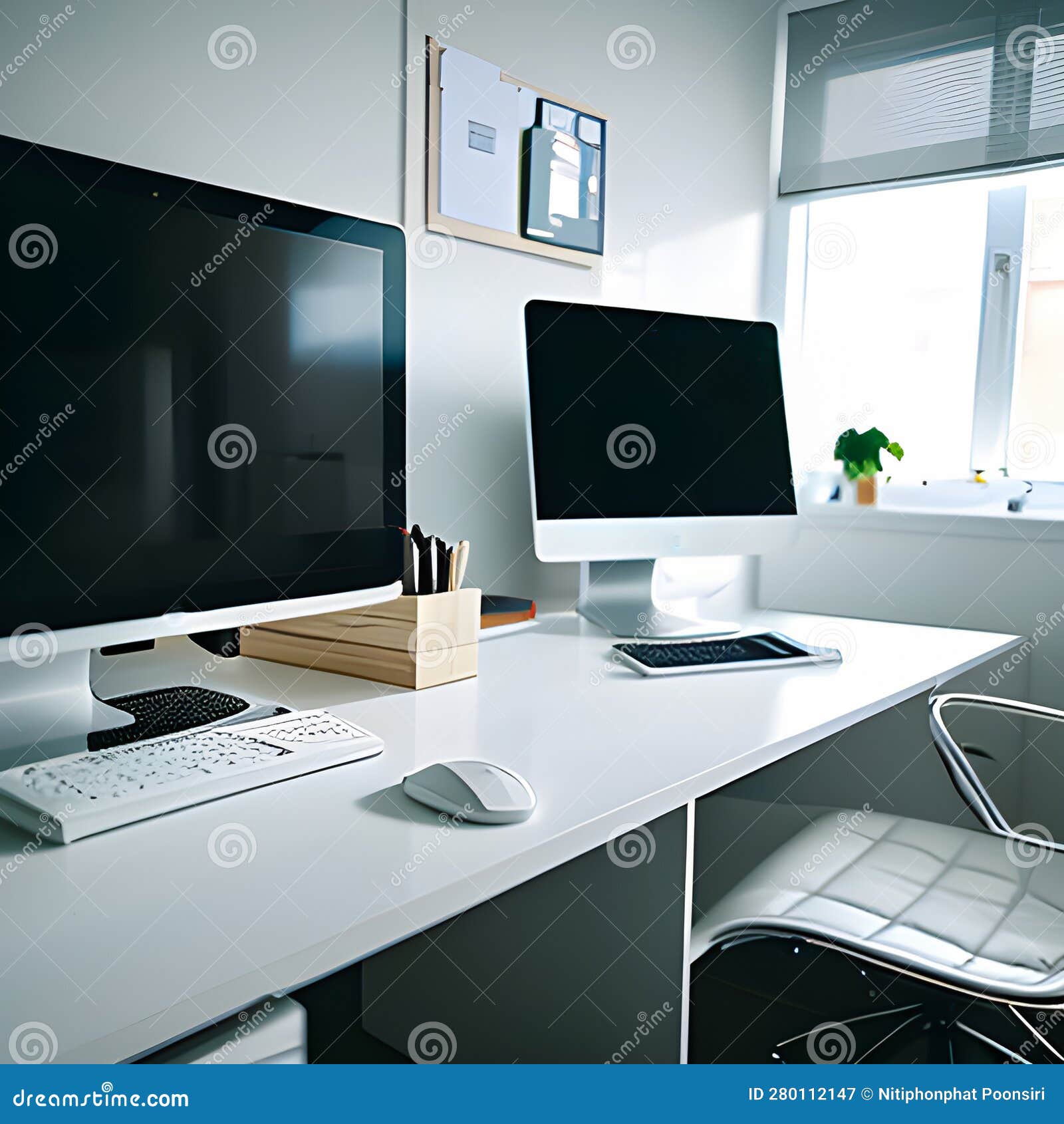 Unique Workplace with Empty White Mock Up Computer Laptop. Smart Office ...
