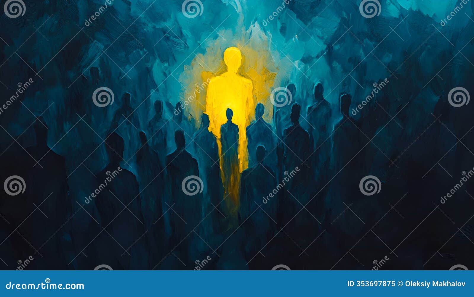 Unique Yellow Figure Standing Out in a Crowd of Blue Figures Stock ...