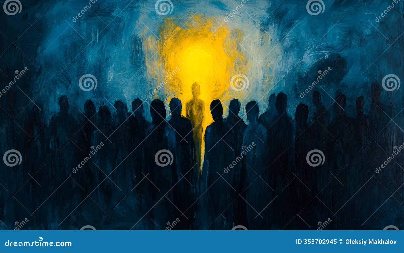 Unique Yellow Figure Standing Out in a Crowd of Blue Figures Stock ...