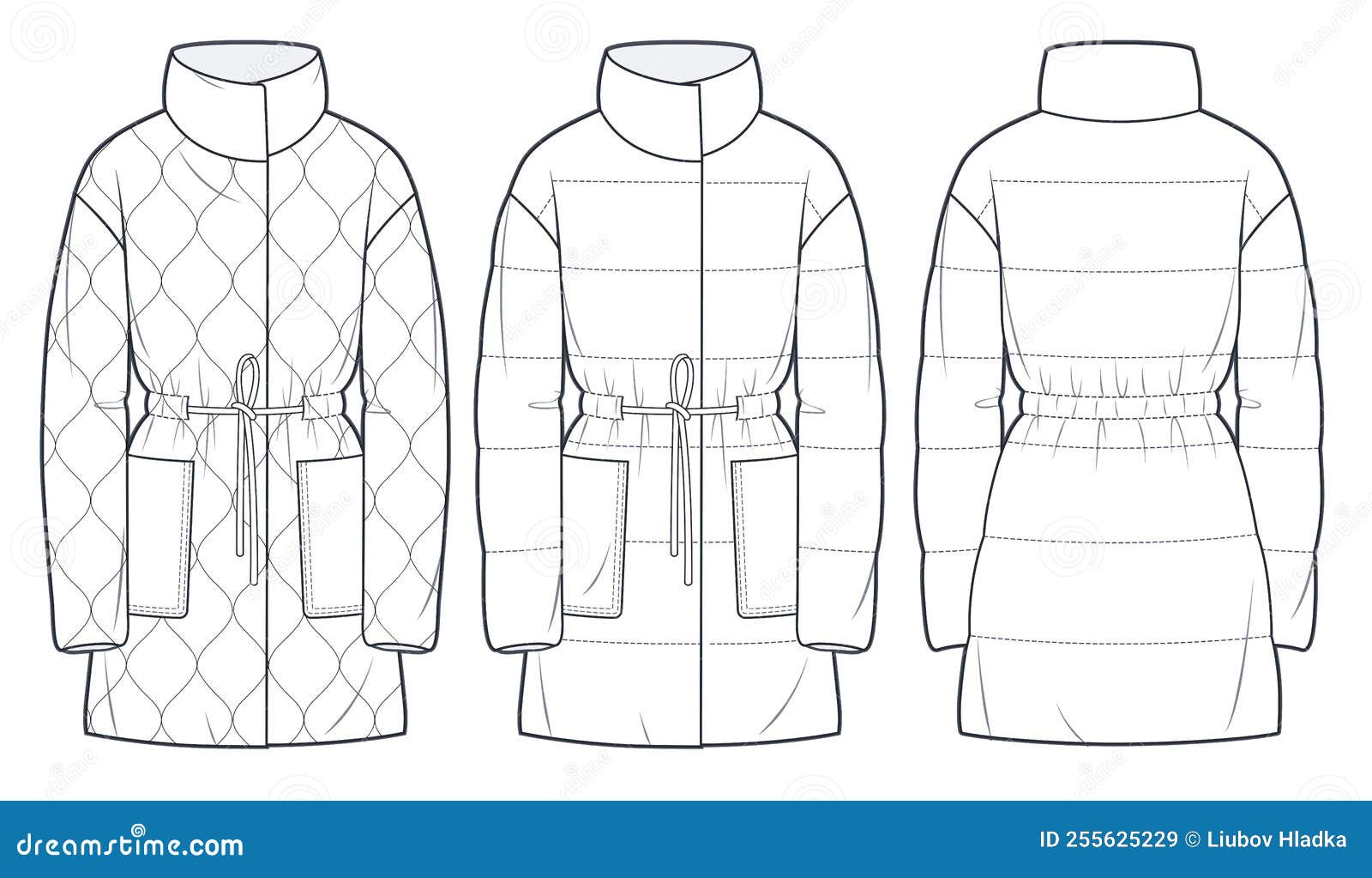Unisex Quilted Padded Jacket Technical Fashion Illustration Stock