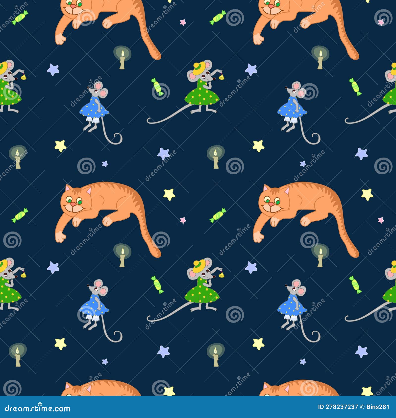 Cat and Mouse, Night Hunting. Pattern for Children. Stock Illustration ...