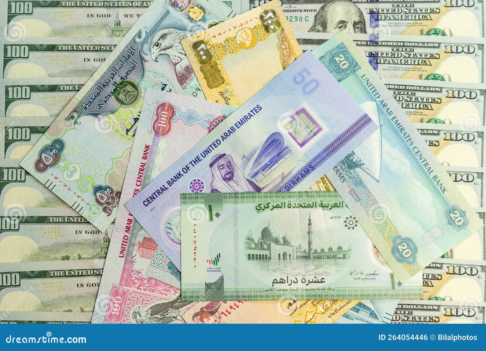 United Arab Emirate Bank Notes with a US Dollar Bills Stock Photo ...