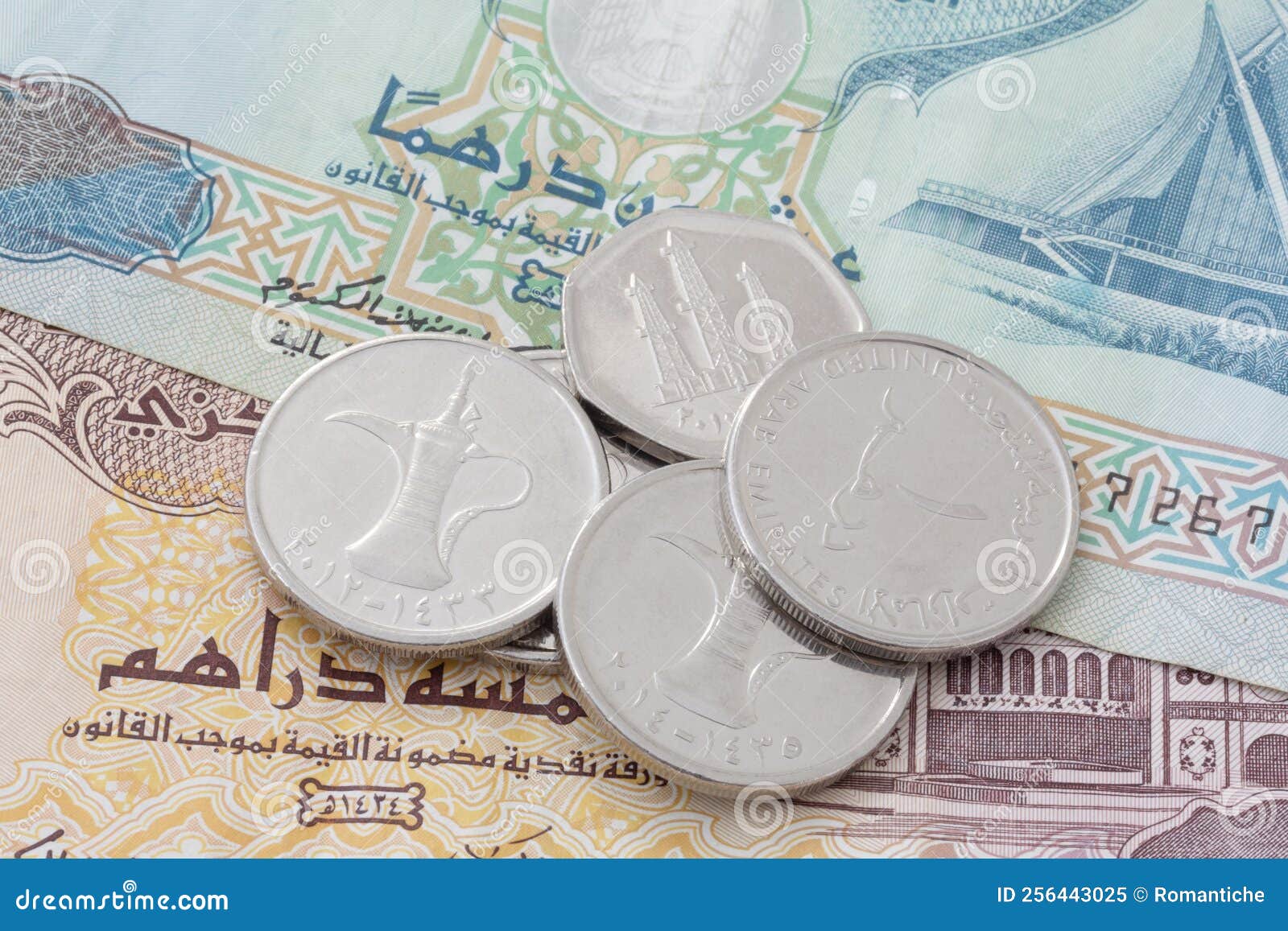 United Arab Emirates Dirham Coins Lying on Banknotes Stock Image ...