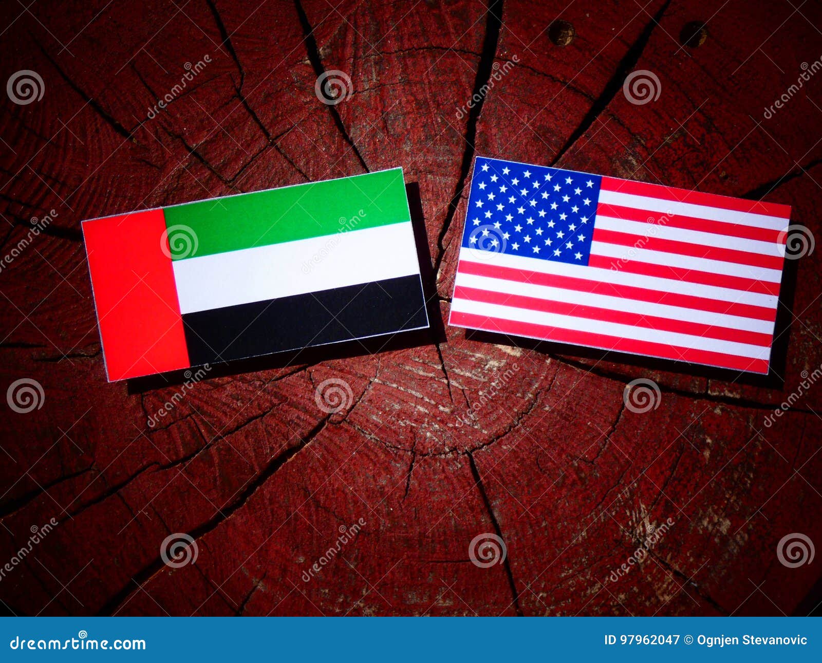United Arab Emirates Flag with USA Flag on a Tree Stump Stock Image ...
