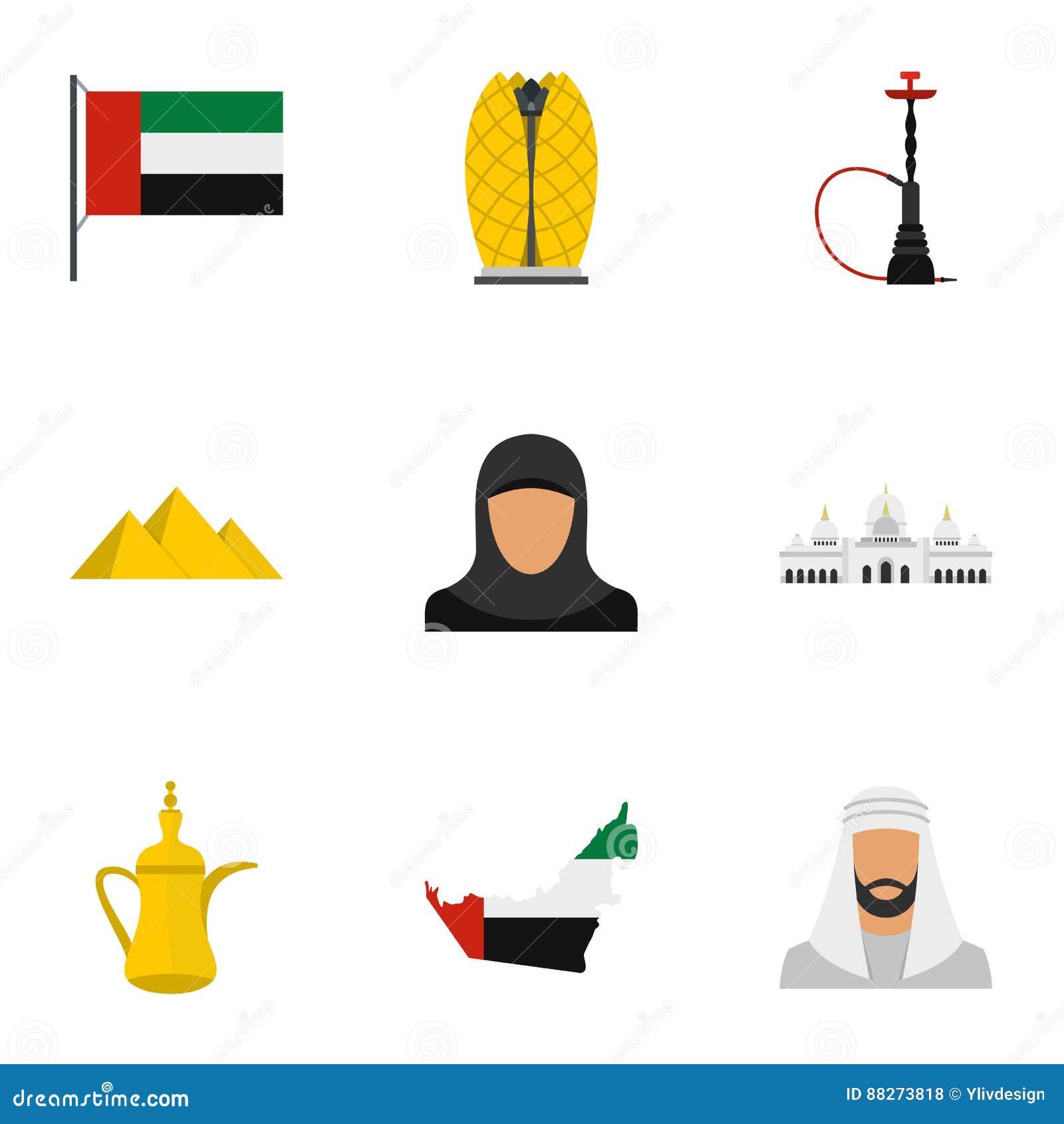 United Arab Emirates Icons Set, Flat Style Stock Vector - Illustration ...